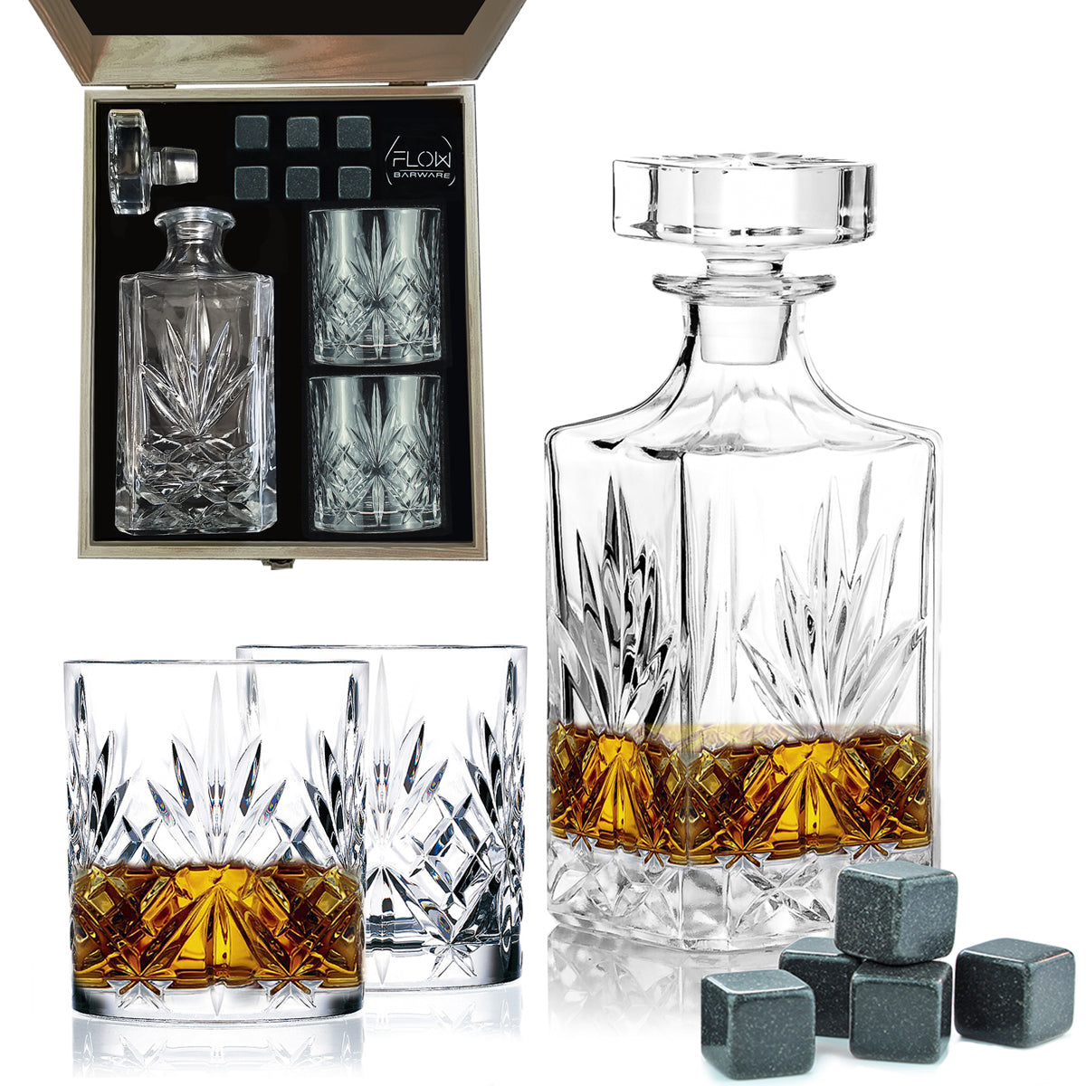 Classic Whisky Decanter, Glasses & Whisky Stones Box Set - FLOW Barware®