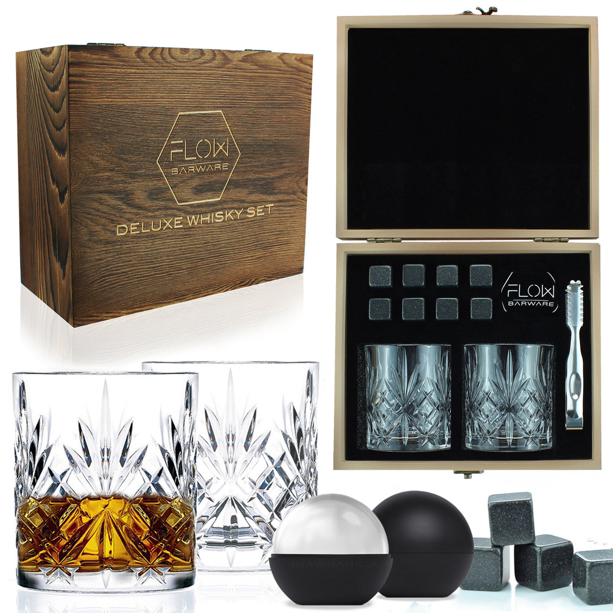 Crystal Whisky Glasses & Whisky Stones Box Set – FLOW Barware®